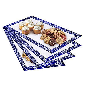 Yumchikel -Plastic Serving Tray & Platter Set (4pk)- Blue & White Lace Rim Disposable Serving Trays & Platters for Food - Weddings, Thanksgiving Parties, Dessert Table, Cupcake Display- 7.5x14 inches