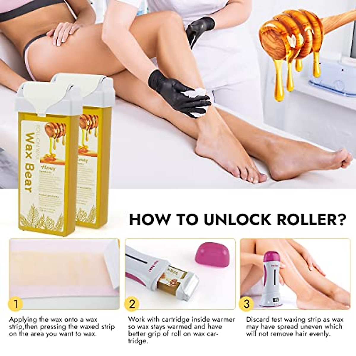 Wax Bear Roll On Wax Heater Kit for Hair Removal,Roller Wax Cartridge Depilatory Digital Temperature Display with for Personal & Professional Use，White