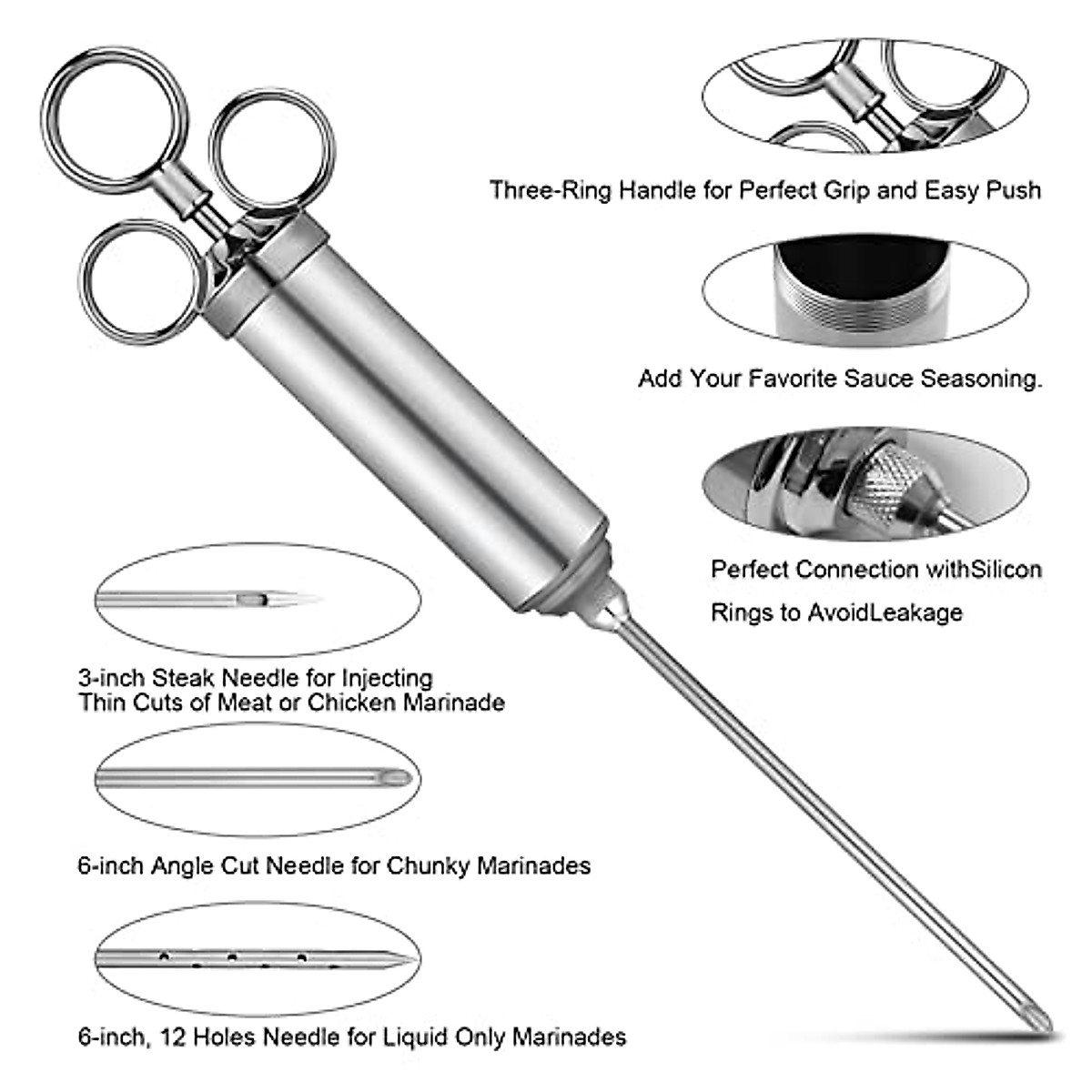 Yorkaan 304-Stainless Steel Meat Injector Syringe Kit with 3 Marinade Injector Needles, Basting Brush, 5 Silicone O-Rings -Meat Injectors for BBQ Grill Smoker, Meats, Turkey, Brisket.