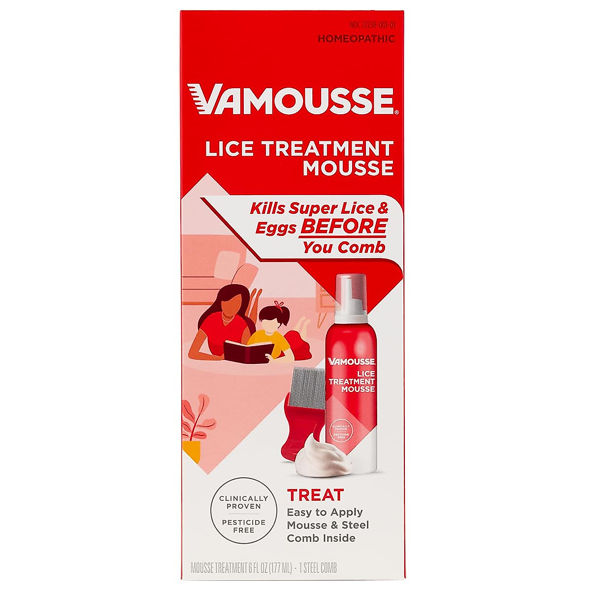 Vamousse Lice Treatment Mousse (6 fl oz), Clinically Proven to Kill Super Lice & Eggs, Easy to Apply & Rinse, Pesticide-Free & Non-Toxic, Includes Reusable Steel Comb