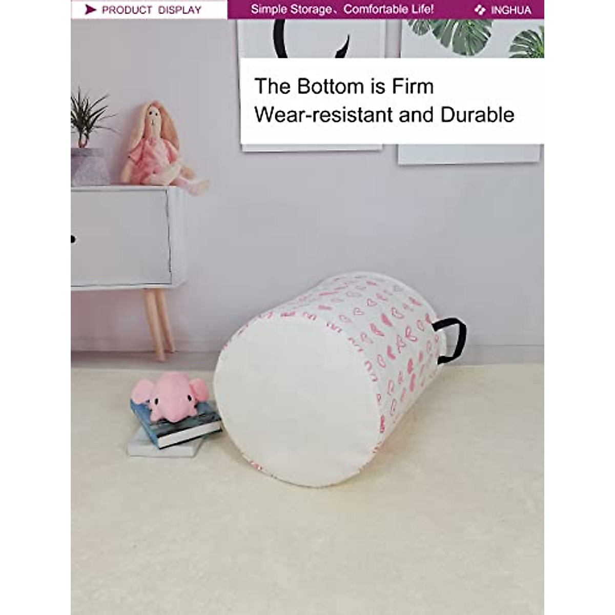 INGHUA Laundry Hamper Large Canvas Fabric Lightweight Storage Basket/Toy Organizer/Dirty Clothes Collapsible Waterproof for College Dorms, Boys and Girls Bedroom,Bathroom(Pink hearts)