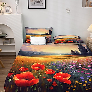 Red Poppy Sheets Full Size Sheet Sets - Poppies Flower Bed Sheets, Soft Microfiber & Deep Pocket & Wrinkle Free Patterned Bedding Sheets & Pillowcases, 1 Fitted Sheet, 1 Flat Sheet, 2 Pillow Cases
