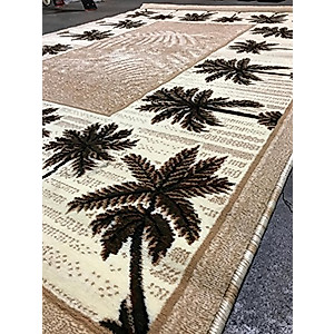 Palm Tree Modern Area Rug Tropical Beige & Green Design 729 (5 Feet X 7 Feet)