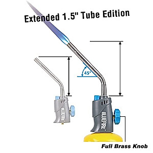 BLUEFIRE MRS-7014B Trigger Start Gas Welding Torch Head for Propane & MAP PRO Fuel,Extend 1.5" Burning Tube Nozzle Piezo Self Ignition Handhold Cylinder Soldering Brazing Triple-Point Flame