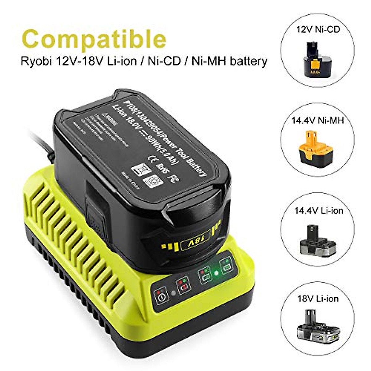 Energup 2Pack P102 Replacement Ryobi Battery 18V Lithium + Ryobi Charger for Ryobi 18v Lithium Battery 18V ONE + P108 P107 P104 P105 P102 P103 Tools Charger with 260051002 P117 P118 P113 BCL1418