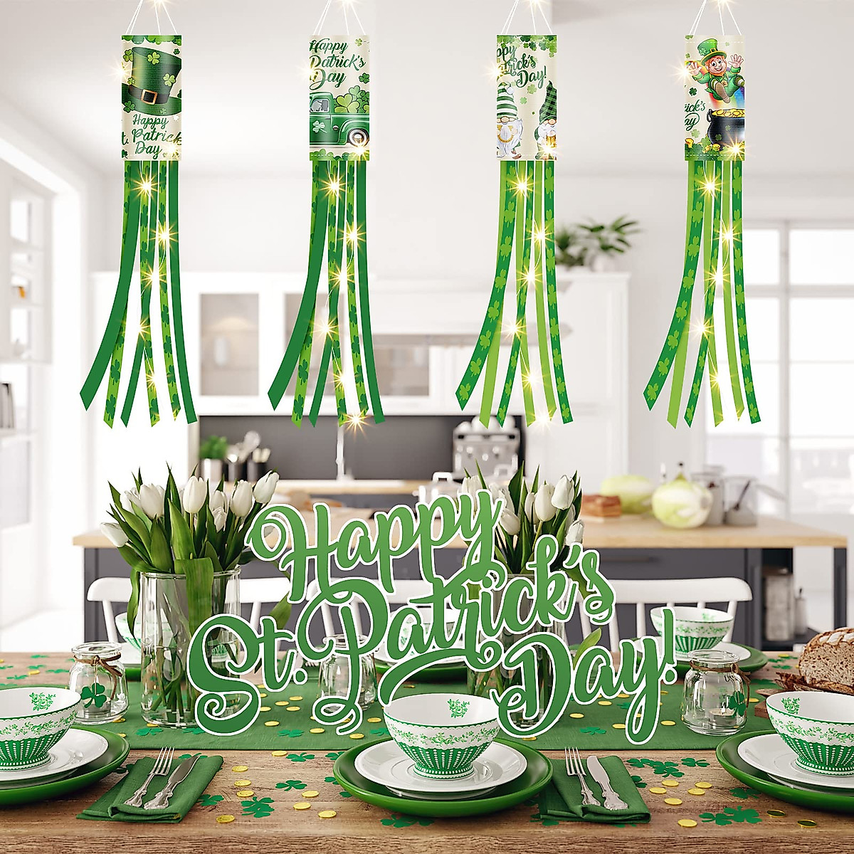 4 Pieces St. Patrick's Day Windsock with LED Light String 40 Inch Green Shamrock Truck Gnome Hat Pattern Windsock Happy St. Patrick's Day Outdoor Hanging Windsocks and Flags Wind Sock for Yard Decor