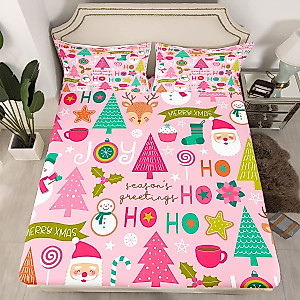Erosebridal Pink Christmas Bed Sheets, Cartoon Santa Claus Sheet Set Full for Kids Boys Girls Women Bedroom, Snowman Pine Fitted Sheet + Christmas Tree Cute Deer Top Sheet + 2 Xmas Decor Pillow Cases