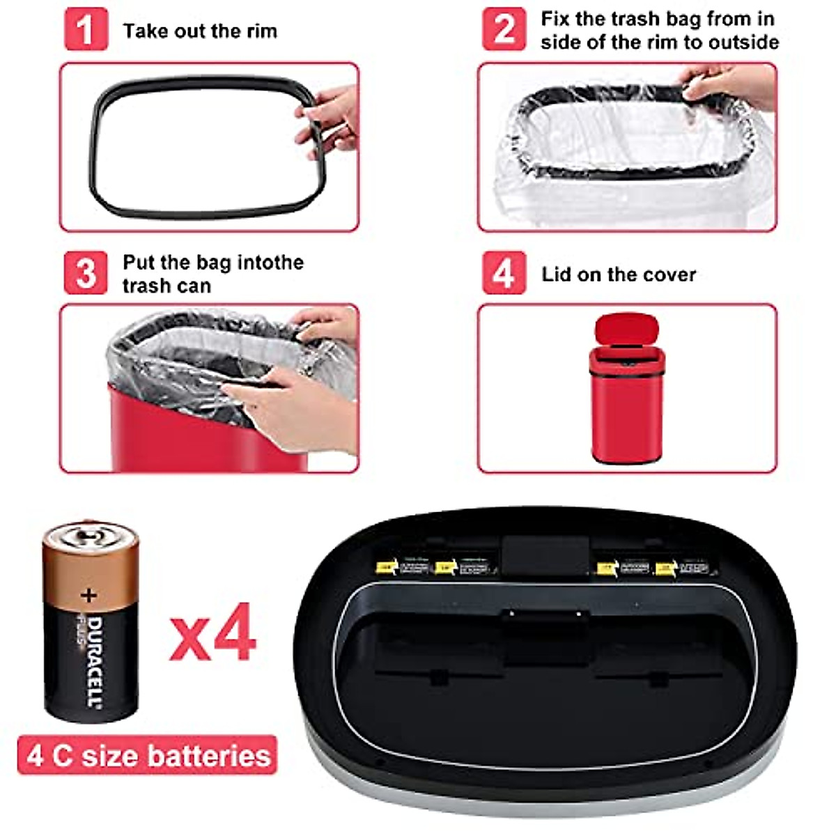 13 Gallon 50 Liter kitchen Trash Can with Touch-Free & Motion Sensor, Automatic Stainless-Steel Garbage Can, Anti-fingerprint Mute Designed Trash Bin Touchless Trash Can for Office Bedroom, Red