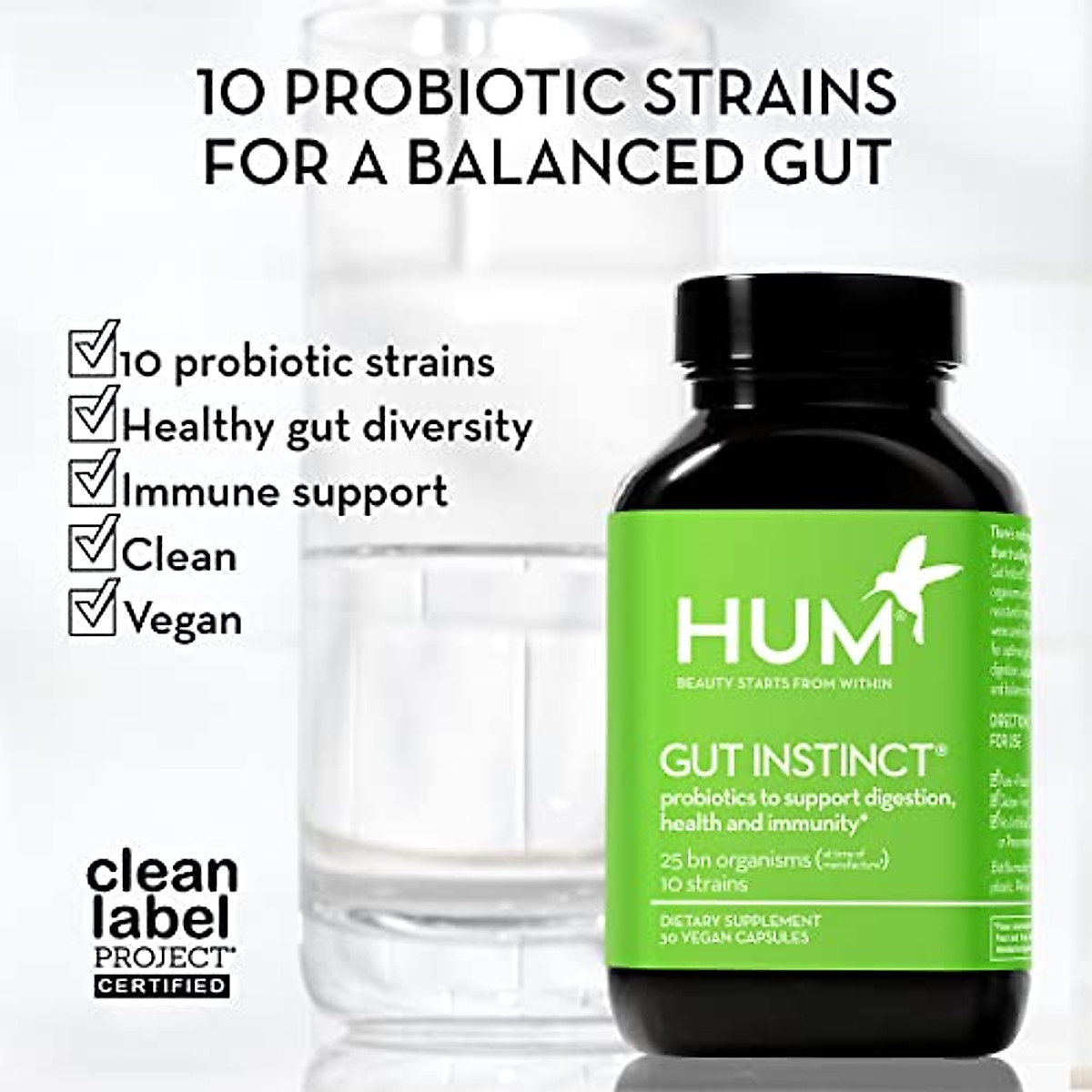 HUM Gut Instinct - Gut Health Daily Probiotic Blend for Overall Digestive Health - Lactobacillus + Bifidobacterium Strains for Bloating Relief, Immune Support + Healthy Gut Diversity (30 Capsules)