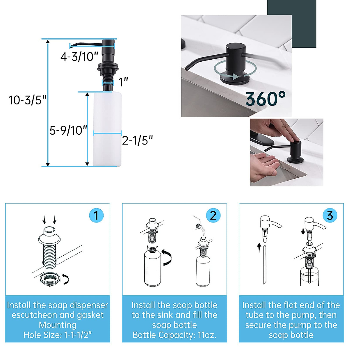 APPASO Black Kitchen Faucet with Soap Dispenser, Modern RV Kitchen Sink Faucet with Pull Down Sprayer 3 Modes, Solid Stainless Steel Faucet Kitchen Matte Black for Bar Sink, High Arc & Single Handle