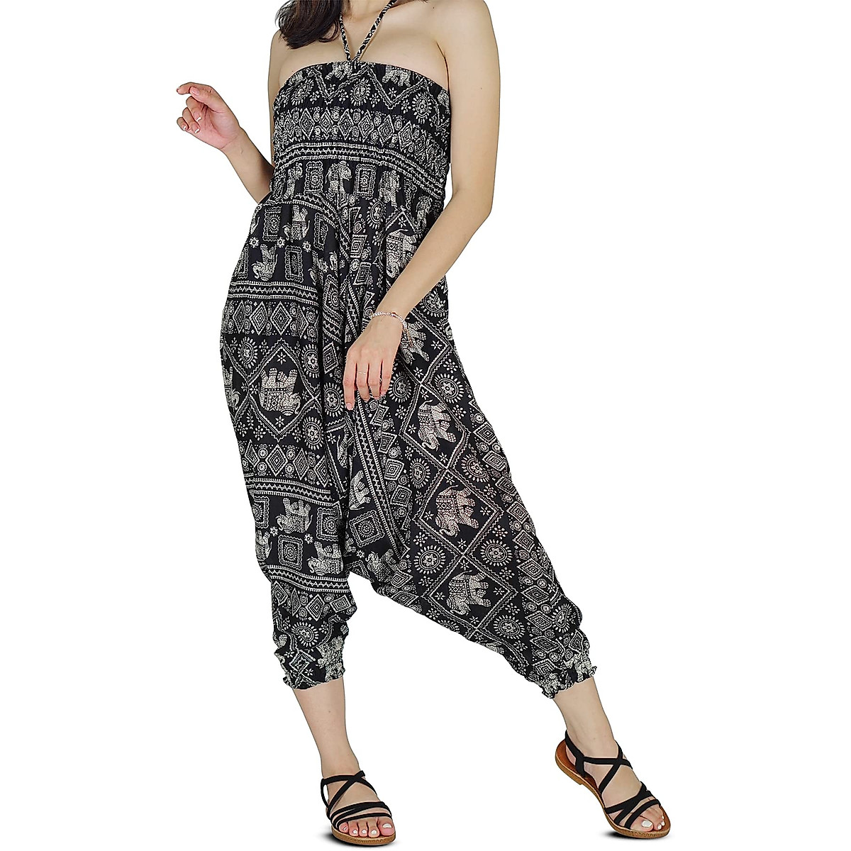 Your Cozy Harem Pants for Women Hippie Boho Clothes Mc Hammer Pants Jumpsuit Casual Loose Beach Sweatpants Comfortable Baggy Boho Yoga Trousers (Black Elephant_S)