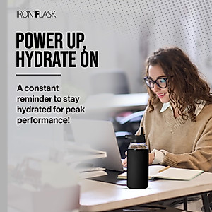 IRON °FLASK Glass Sports Water Bottle - Straw Lid, Airtight Leak Proof, Vacuum Insulated, Bosilicate Glass, Silicone Sleeve, Retains Temperature - Midnight Black, 32 Oz