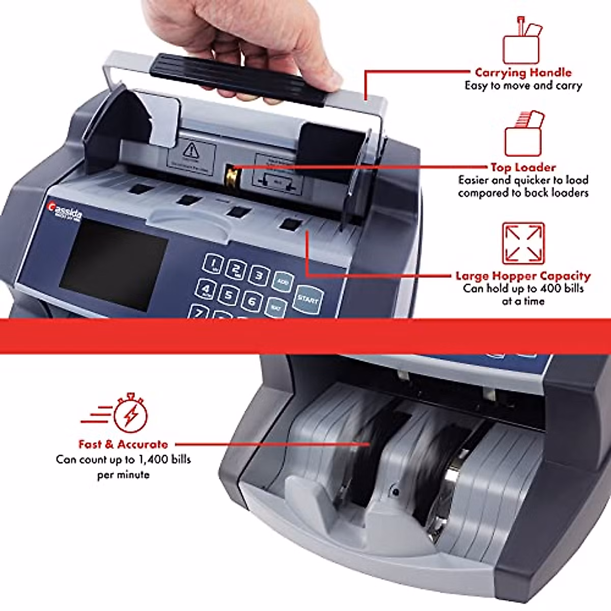 Cassida 6600 UV/MG – USA Business Grade Money Counter with UV/MG/IR Counterfeit Detection – Top Loading Bill Counting Machine w/ ValuCount™, Add and Batch Modes – Fast Counting Speed 1,400 Notes/Min