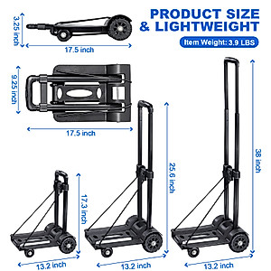 ROYI Folding Hand Truck,290lbs Heavy Duty Luggage Cart with Elastic Bungee Rope,4 Wheels Solid Construction Fold Up Dolly Compact Lightweight Utility Cart for Luggage Travel Shopping Moving Office Use