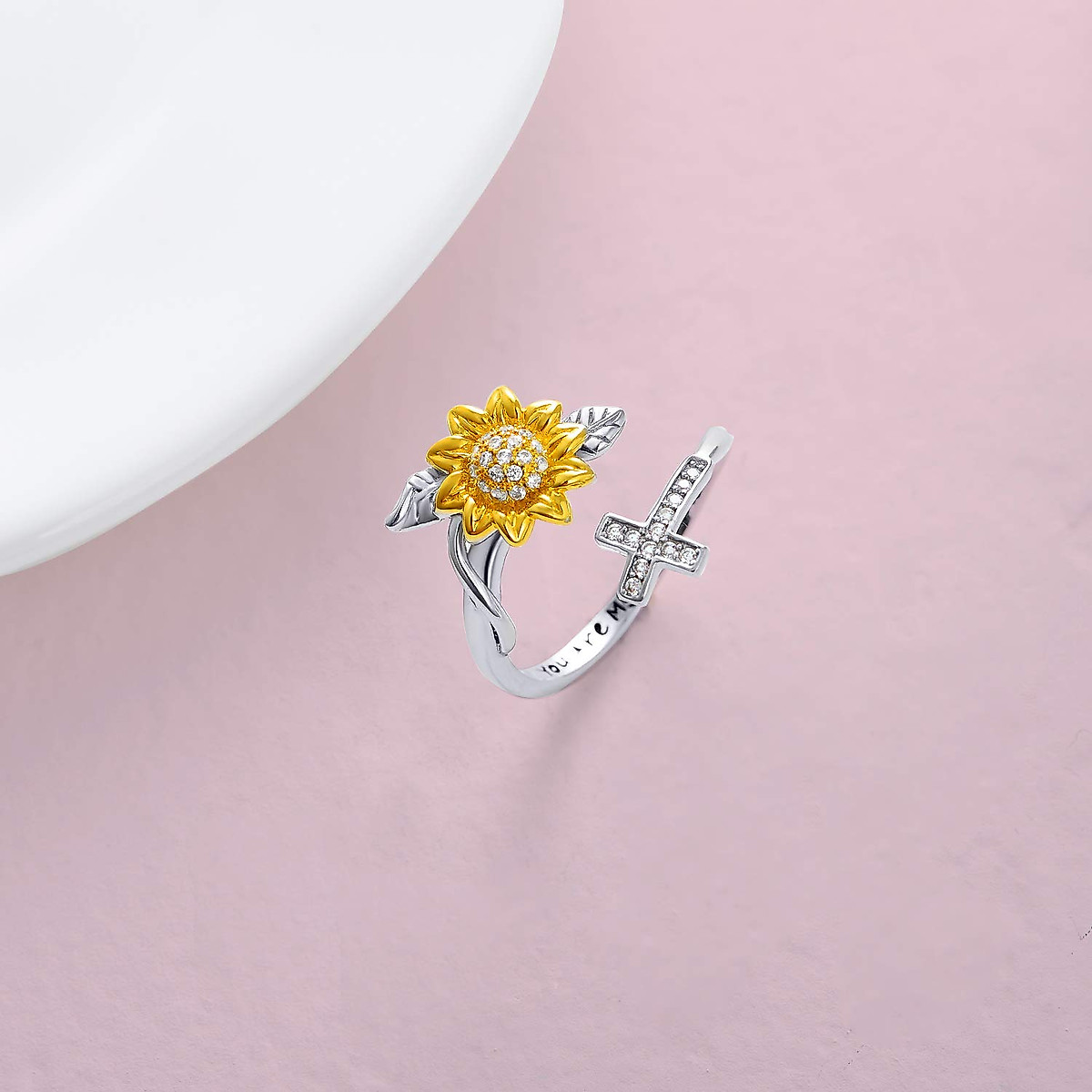 LONAGO Sunflower Cross Ring 925 Sterling Silver You Are My Sunshine Adjustable Size Ring Religious Crucifix Jewelry Gift for Women (8)