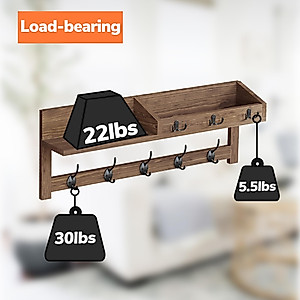 AMBIRD Wall Hooks with Shelf 26.57inch Entryway Wall Hanging Shelf Wood Coat Hooks for Wall with Shelf Coat Rack Wall Mount Rack with 5 Dual Hooks 3 Key Hooks Mail Organizer and Key Rack Key Holder