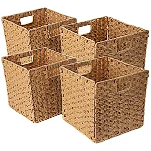 Foldable Synthetic Plastic Wicker Storage Basket with Iron Wire Frame By Blue Ridge Basket Company (Set of 4)