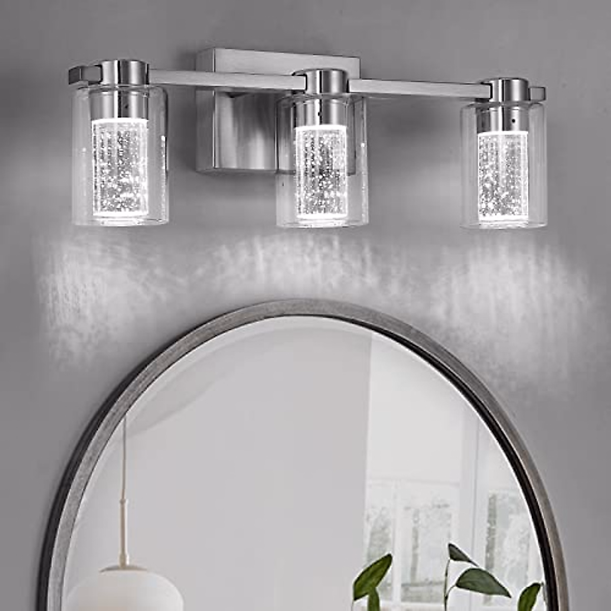 Zhizenl Bathroom Light Fixtures, Brushed Nickel 3 Light Bathroom Vanity Light Over Mirror, Modern Crystal Dimmable LED Vanity Lights with Clear Glass Shade for Bedroom Living Room