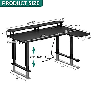 YITAHOME L Shaped Standing Desk Adjustable Height with Power Outlets & LED Lights, 63 x 43 Electric Standing Desk with Monitor Stand, Dual Motor 4 Legs Sit Stand Up Desk, Black