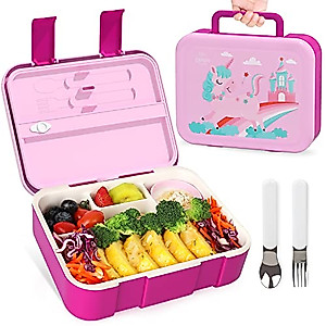 Lehoo Castle Bento Lunch Box for Kids with 5 Compartments,1250ml Lunch Containers with Sauce Jar, Spoon&Fork, Durable, Leak Proof, BPA-Free and Food-Safe Materials (Pink)