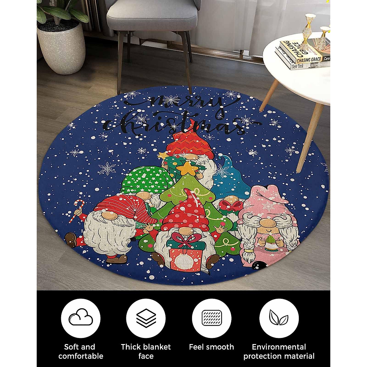 Winter Gnomes Fluffy Round Area Rug Carpets 3ft, Plush Shaggy Carpet Soft Circular Rugs, Non-Slip Fuzzy Accent Floor Mat for Living Room Bedroom Nursery Home Decor Christmas Snowflake Flower Navy Blue