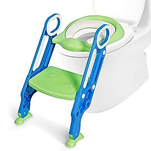 BABY JOY Kids Portable Potty Training Toilet Seat w/Step Stool Ladder, Foldable Adjustable Toddler Toilet Training Seat Chair with Non-Slip Pads and Soft Cushion Seat, for Boys Girls Toddlers (Blue)