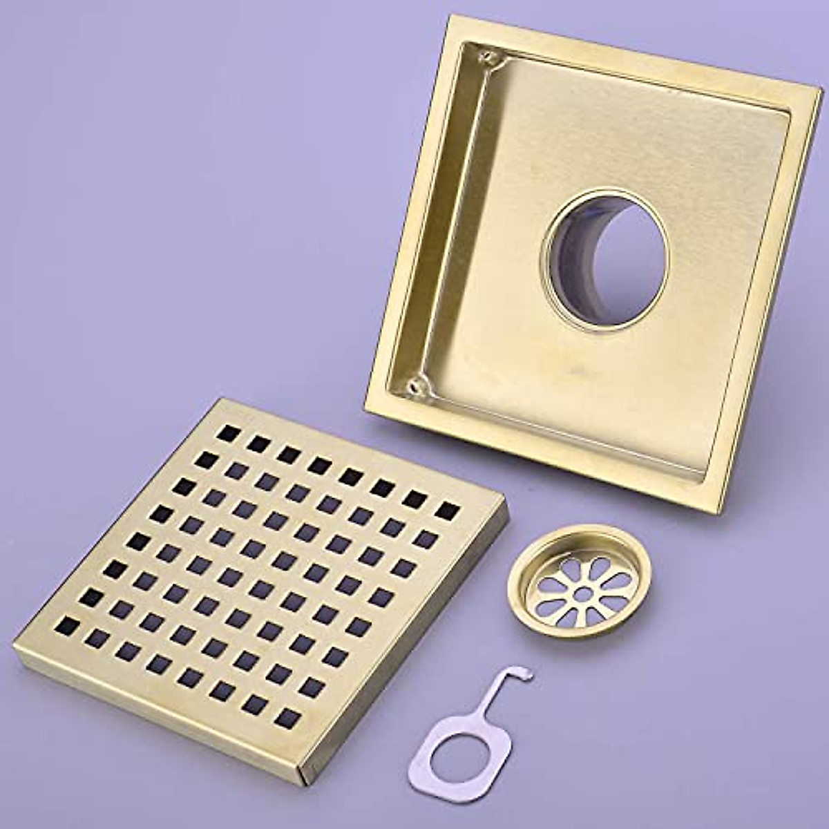 TRUSTMI 6 Inch Square Shower Floor Drain with Removable Grid Grate Cover, SUS 304 Stainless Steel,Brushed Gold
