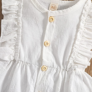 Cudilica Toddler Baby Girls Summer Dress Sleeveless Ruffle Solid Cotton Linen Button Princess Dresses Headband Infant Set (White, 6-12 Months)