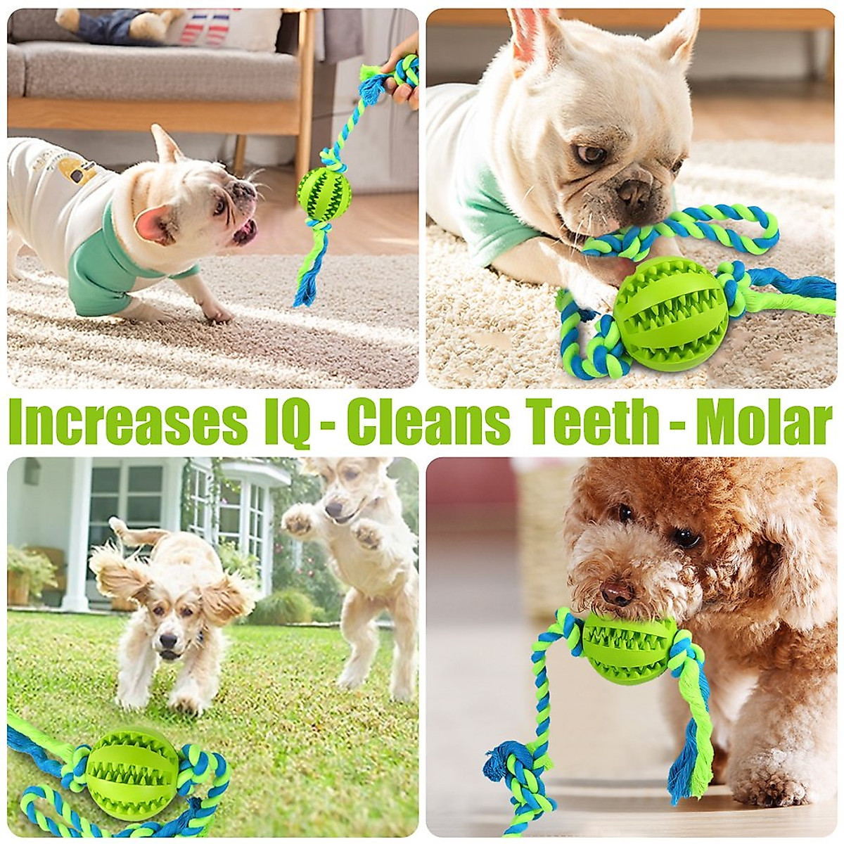 CHLEBEM Puppy Toys Interactive Dog Toys Balls for Small Medium Dogs Chew Teething Teeth Cleaning Treat Dispensing Durable Rubber Ball Dog Rope Toy for Tug of War Playing(Green)