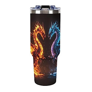 Fire And Blue Dragons Insulated Tumblers with Handle Stainless Steel Coffee Mug Funny Travel Cup with Lid Straw 40oz
