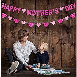 JOZON Happy Mother's Day Banner and Heart Banner Rose Red Pink Glitter Mothers Day Garland Banner with Heart Signs Thanks Mom Best Mom Ever Family Photo Props Backdrops Mother’s Day Party Decorations