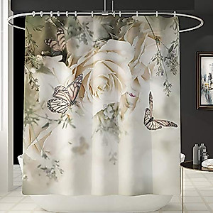 4Pcs Flower Shower Curtains Sets with Rugs Polyester Bathroom Shower Curtains Lid Toilet Cover Bath Mat Rug with Hooks Bathroom Accessory Sets 70"x70"(Roses and Butterflies)