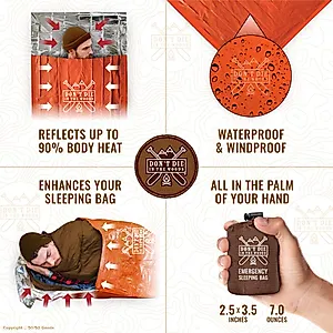 Don’t Die in The Woods - World’s Toughest Survival Bivy [with Hood Extension] Extra-Thick Emergency Sleeping Bag with Ripstop Nylon Stuff Sack - Built with Space Blanket Thermal Mylar