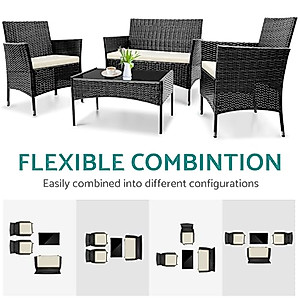 TINKLE WELL Patio Furniture Set, 4 Piece Sectional Conversation Sofa, Outdoor Wicker Rattan Table and Chairs with Thick Cushion for Garden, Yard, or Porch