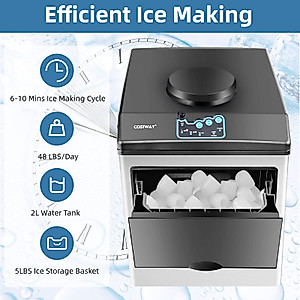 COSTWAY 2 in 1 Countertop Ice Maker Built-in Water Dispenser, 48LBS per Day, S/M/L Size Ice Cube, 5LBS Ice Storage Basket, Fast 6 Mins, Stainless Steel Ice Machine with Extendable Chilled Water Spout