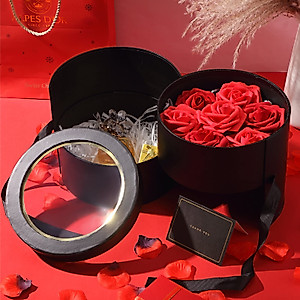 Outus Valentines Day Floral Boxes, Round Flower Boxes for Arrangements, 2 Tier Gift Boxes with Lids, Double Layer Rotating Bouquet Boxes with Paper Cards Raffia for Wedding Gift(Black)