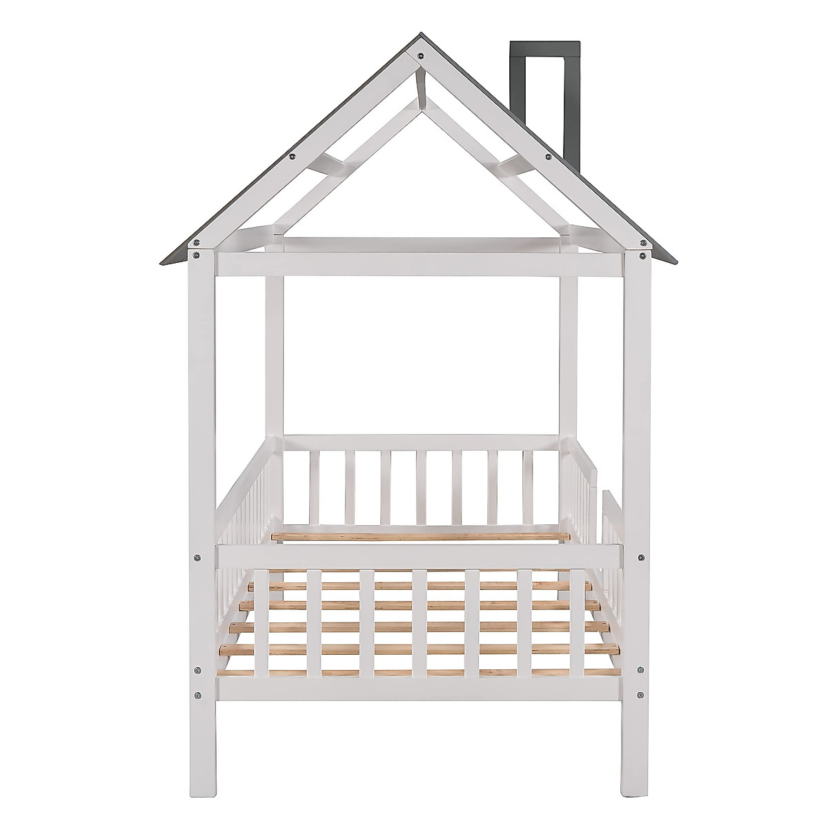 Bellemave Twin House Bed Kids Montessori Beds Playhouse Bed Tent Bed, Solid Wood Platform Bed Frame with Fence and Roof for Kids Teens Girls Boys (White+Gray)