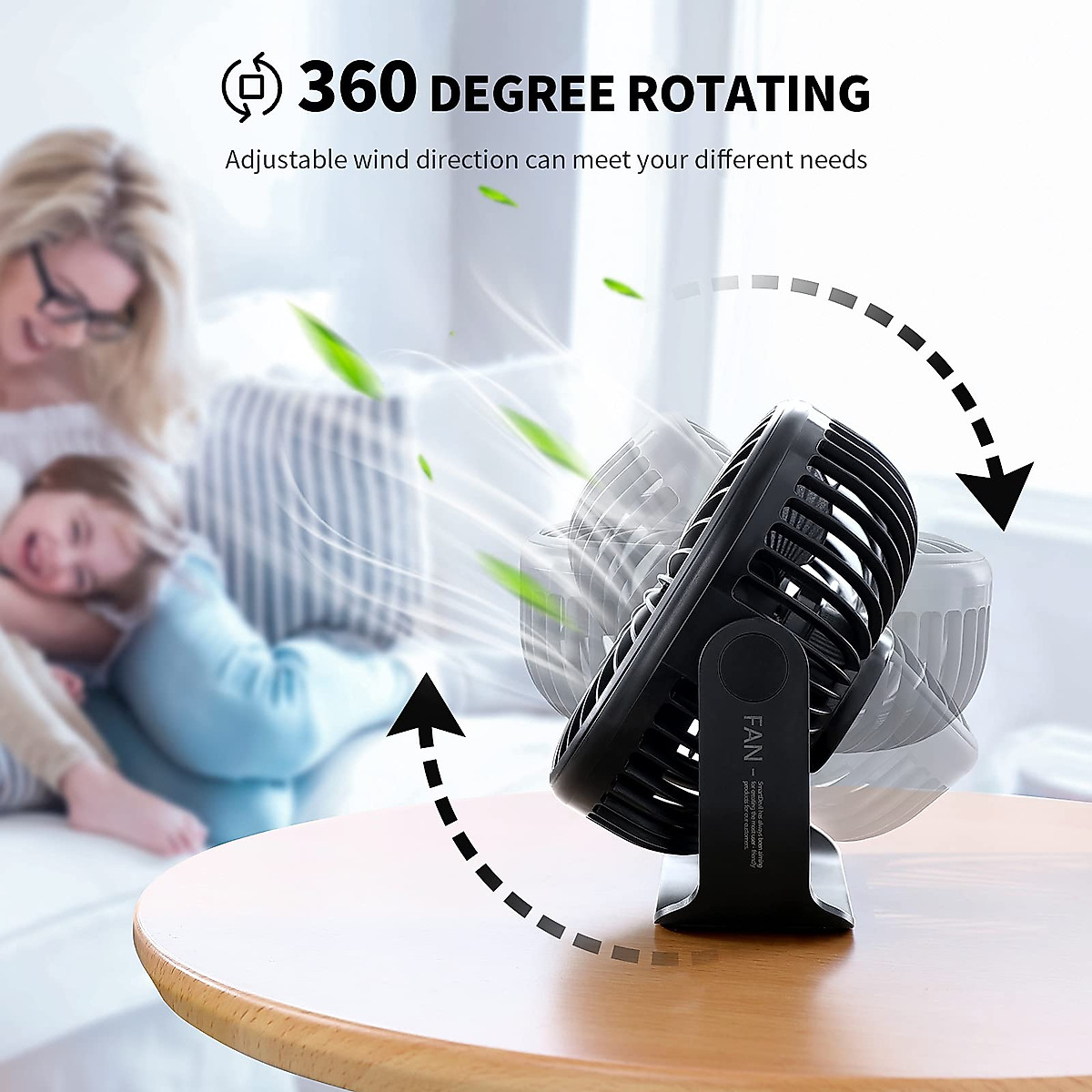 SMARTDEVIL Small Rechargeable Desk Fan, 3 Speeds 2000mAh Portable Personal Battery Operated Desktop Fan with Pasteable Hook, Dual 360° Adjustment Quiet Table Fan, for Home Office Outdoor (Black)