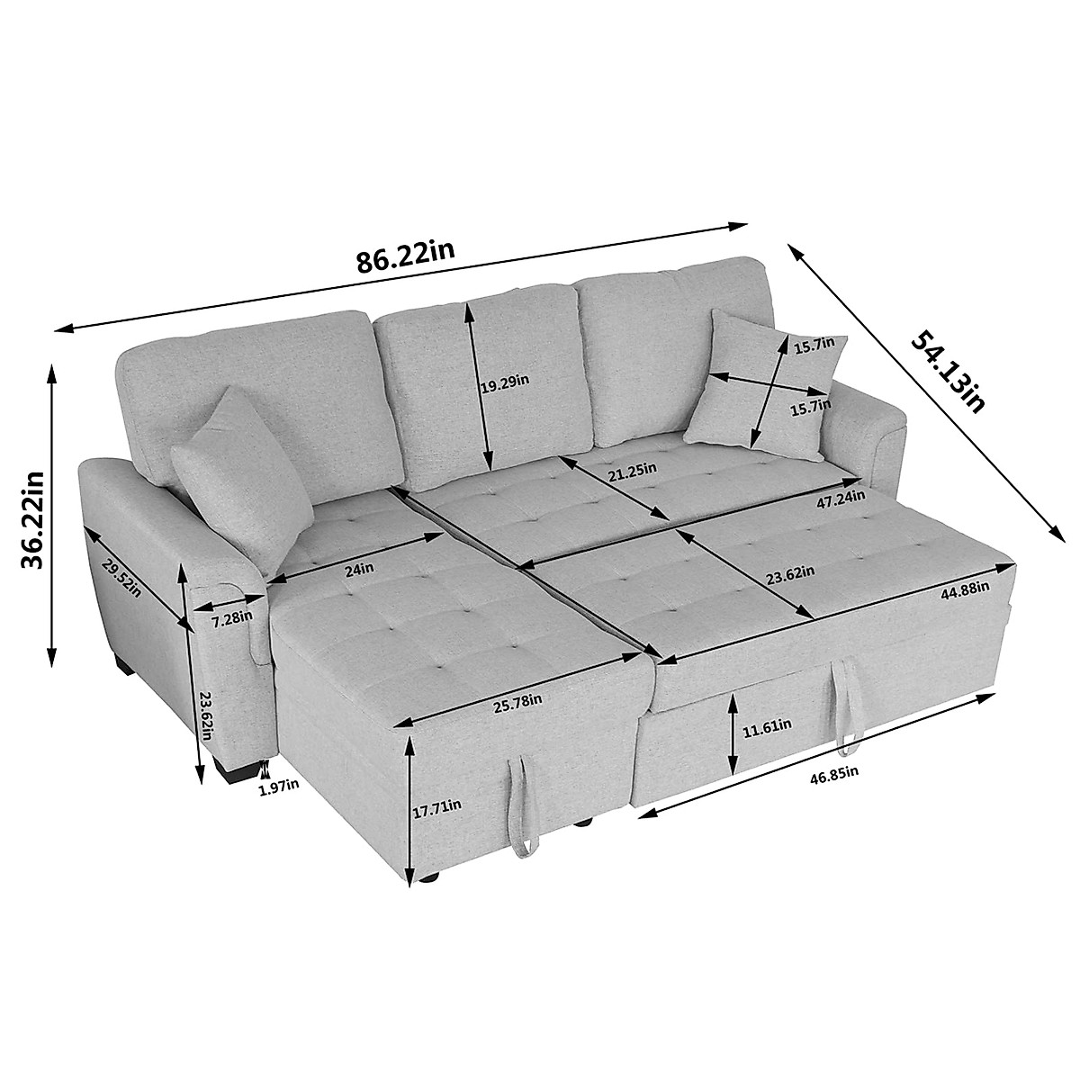 HUMEHA Reversible Sectional Sofa Couch, Light Grey Convertible Pull Out Bed Sleeper Sofa with Storage Chaise Lounge, Upholstered L Shaped Couch with 2 Pillows, Linen Fabric Couches for Living Room