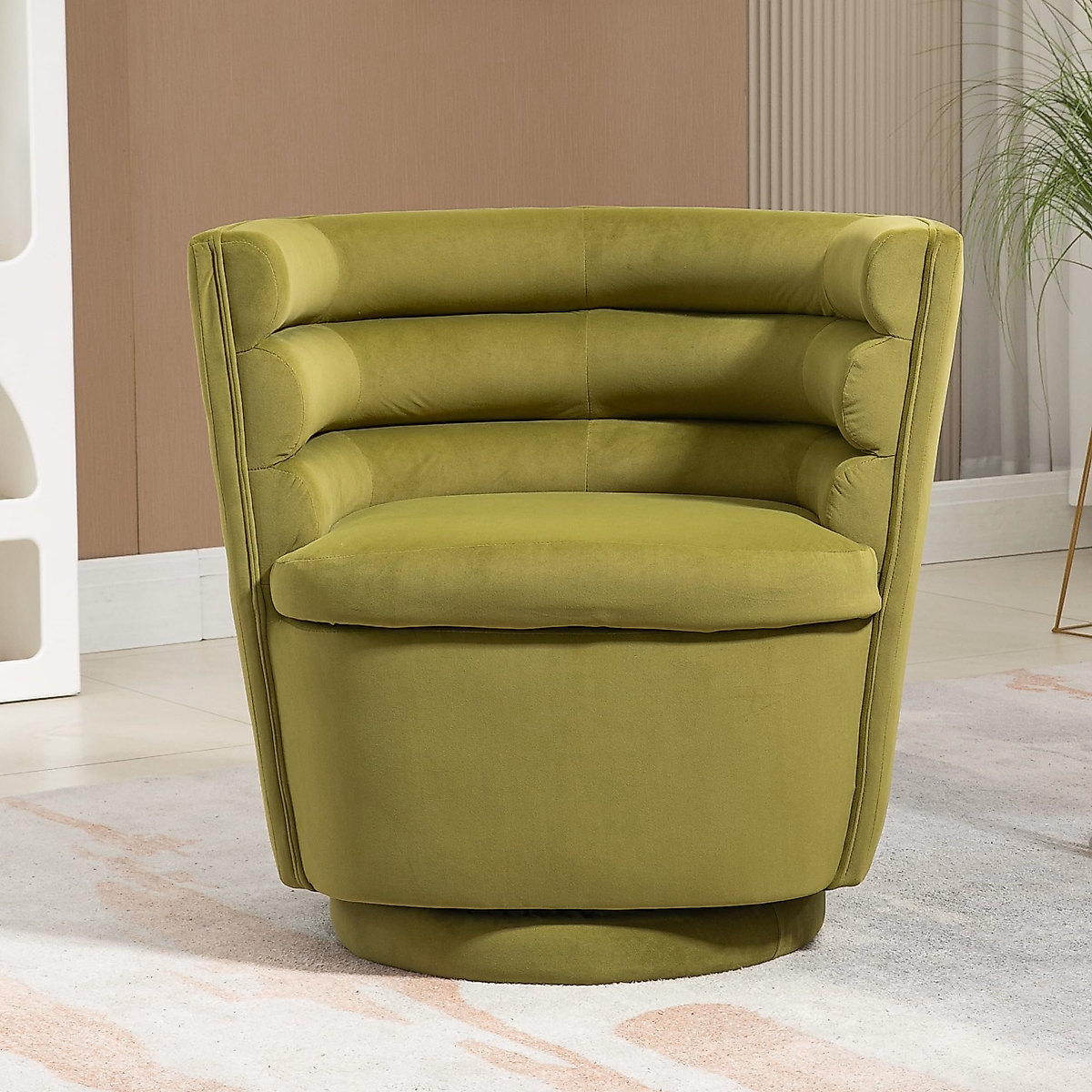 Tmsan Swivel Barrel Chair with Storage, 20.47" W Velvet Round Swivel Accent Chair Comfy Leisure Arm Chair Club Chair for Living Room Nursery Hotel Bedroom Office (Olive Green)