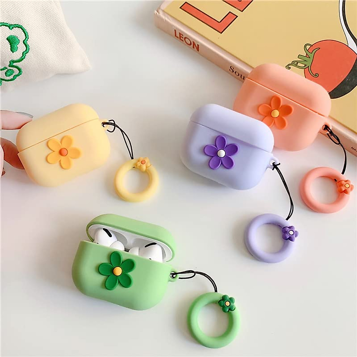 Ownest Compatible for AirPods Case Cute Cartoon Flower Pattern Girls Woman Soft Silicone Shockproof Keychain Design Cover for Airpods Pro-Purple