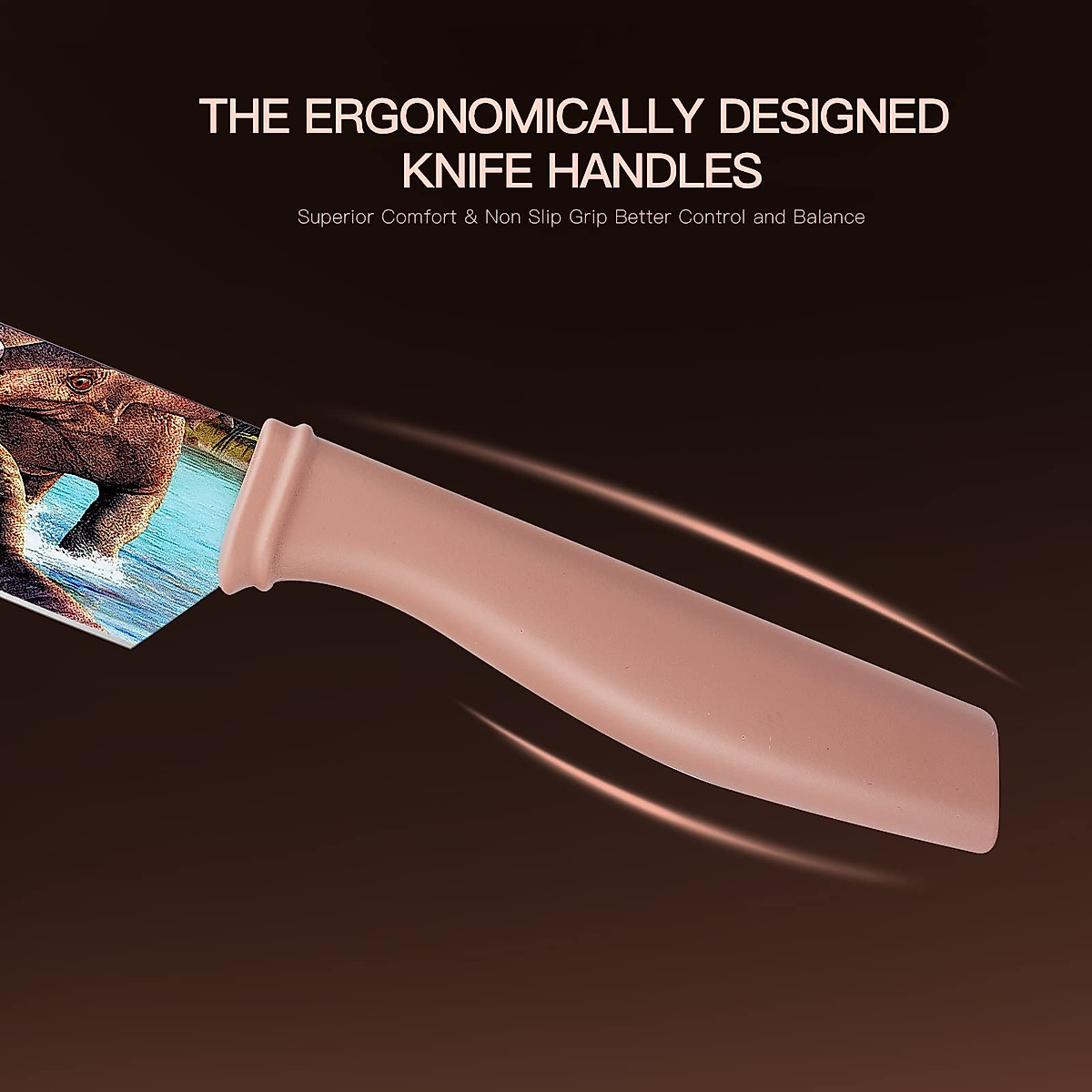 G.a HOMEFAVOR Knife Set, Chef Knives with Dinosaur Pattern, 5-piece Kitchen Knife Set Nonstick Coated with 5 Blade Guard, Gift Box Perfect as a Christmas gift