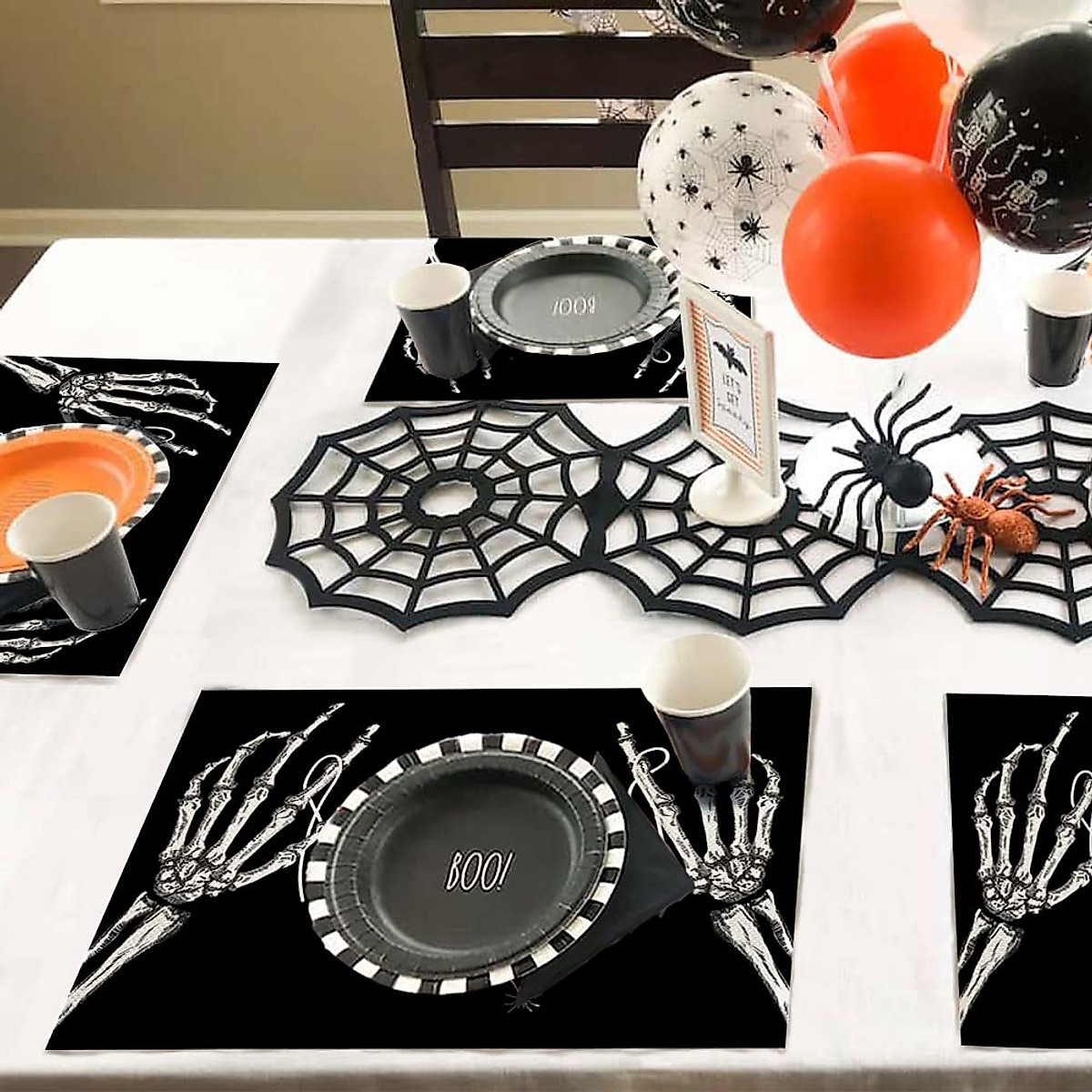 ARKENY Halloween Skeleton Spooky Spider Black Placemats 12x18 Inches Set of 4,Seasonal Farmhouse Indoor Kitchen Dining Table Decorations for Home Party AP158-18