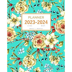 Planner 2023-2024: 8x10 Weekly and Monthly Organizer Large from June 2023 to May 2024 | Vintage Rose Wildflower Berry Design Turquoise