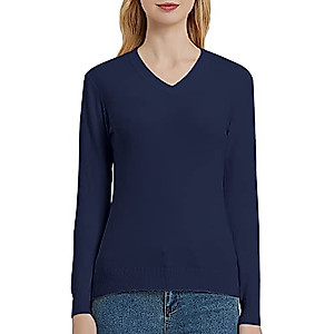 Urban CoCo Women's V Neck Long Sleeve Solid Classic Knit Pullover Sweater Tops (Navy Blue, L)