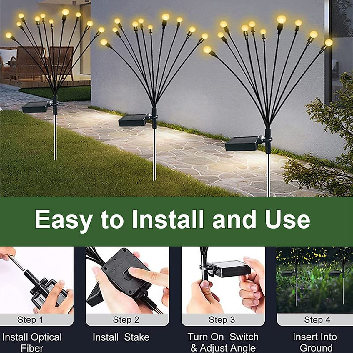 Beauty HAO 10 Head Solar Powered Firefly Lights 2 Pack, LED Waterproof Starburst Swaying Garden, When Wind Blows Decorative String Lights(Warm White)