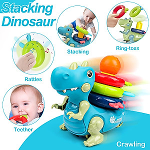 Popsunny Baby Musical Crawling Toy Aged 6-12 Months, Dinosaur Toddler Walking and Stacking Toys with Music & Light, Infant Learning Tummy Time Toy Gift for Boys Girls