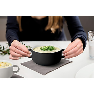Kook Soup Crocks, Ceramic Bowls, Broil, Oven, Microwave and Dishwasher Safe, with Handles, For Casserole, Pasta, Cereal, 18 oz, Set of 4 (Black)