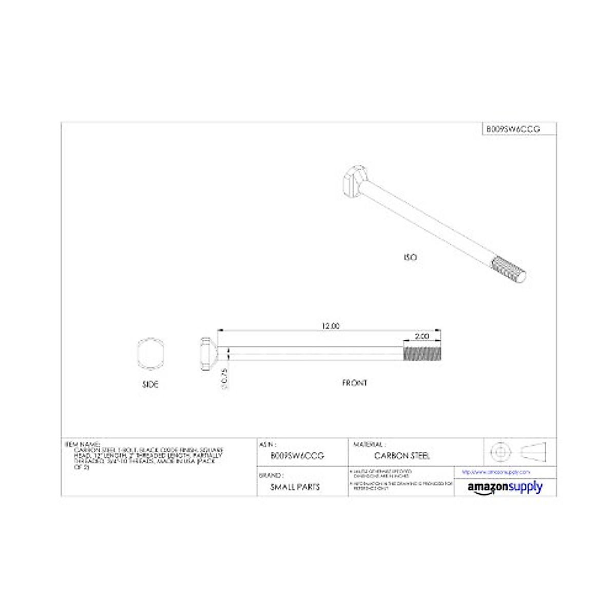 Te-Co 46201 Black Oxide Medium Carbon Steel T-Bolt, 3/8"-16 TPI, 1" Thread Length, 1-1/2" Length, 11/16" x 11/16" x 1/4" Head, 3/8" Table Slot (Pack of 2)