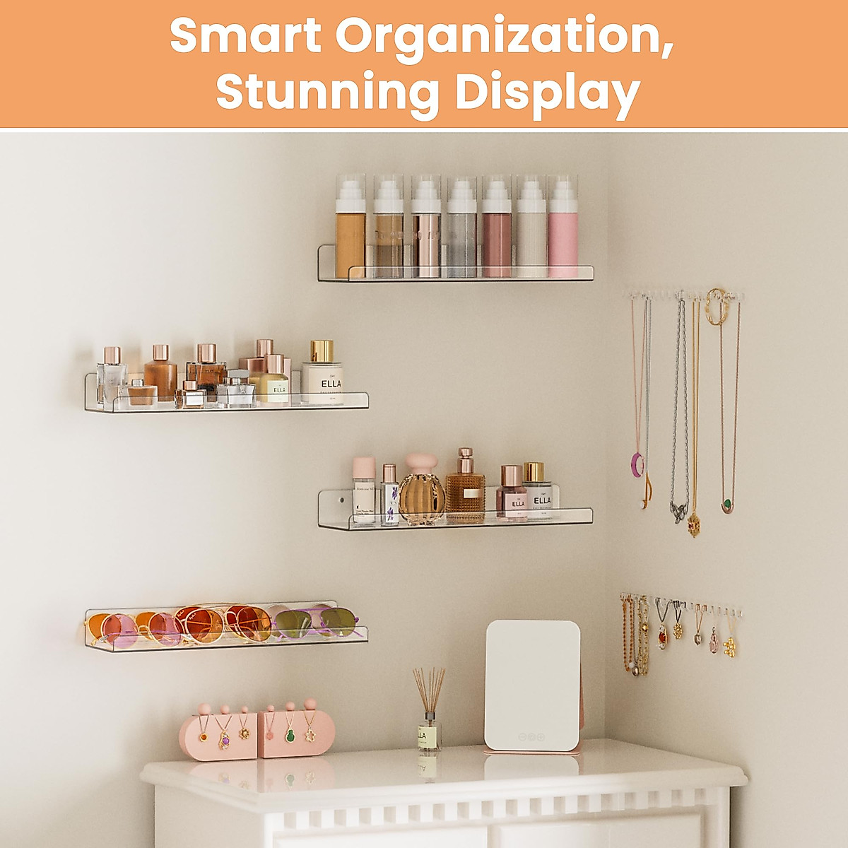 upsimples Clear Acrylic Shelves for Wall Storage, 15" Acrylic Floating Shelves Wall Mounted, Kids Bookshelf, Display Ledge Wall Shelves for Bedroom, Living Room, Bathroom, Kitchen, Set of 4